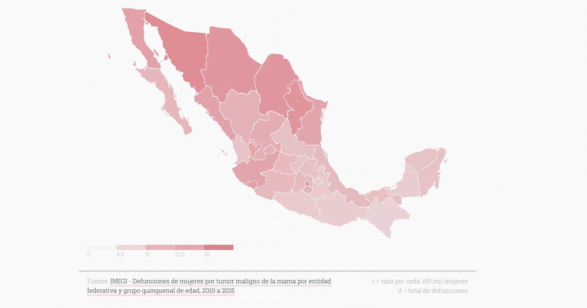 Defunciones de mujeres por tumor maligno de mama en México, 2010 a 2015
